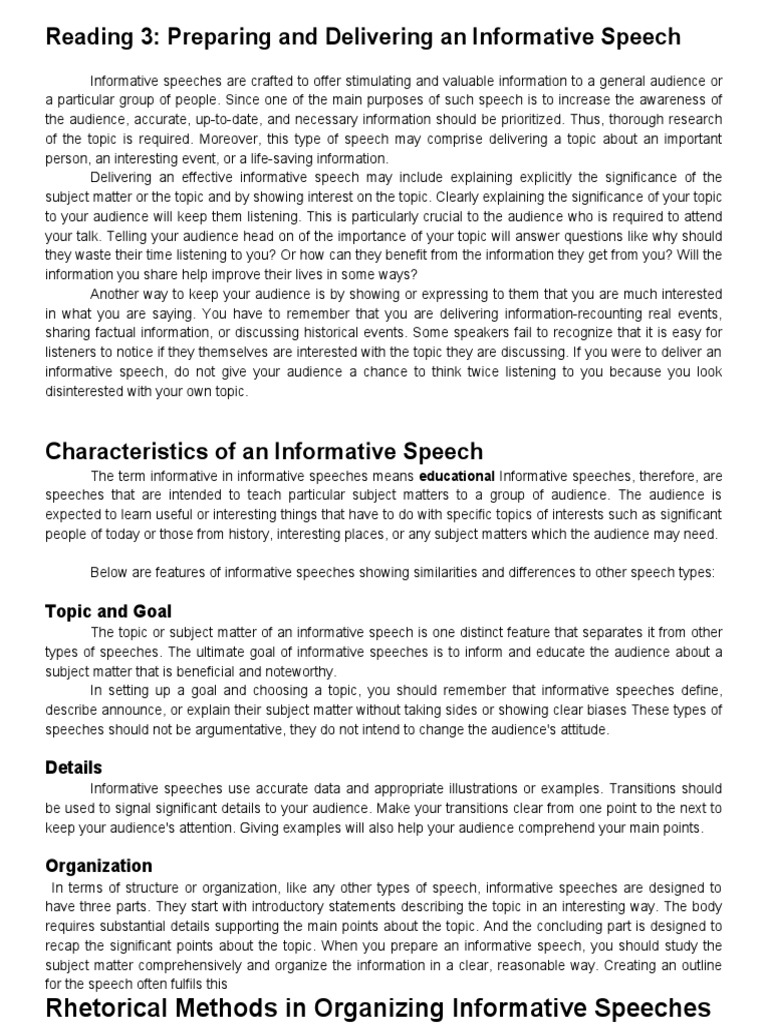 Reading 3: Preparing and Delivering An Informative Speech: Rhetorical ...