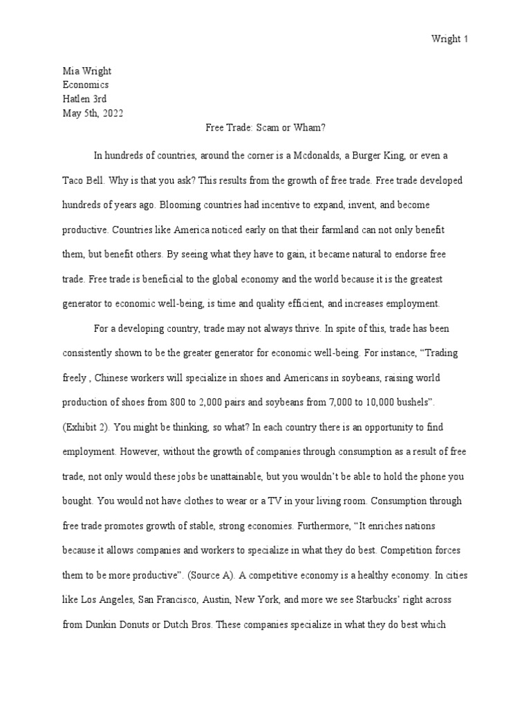 Free Trade Essay PDF Employment Free Trade