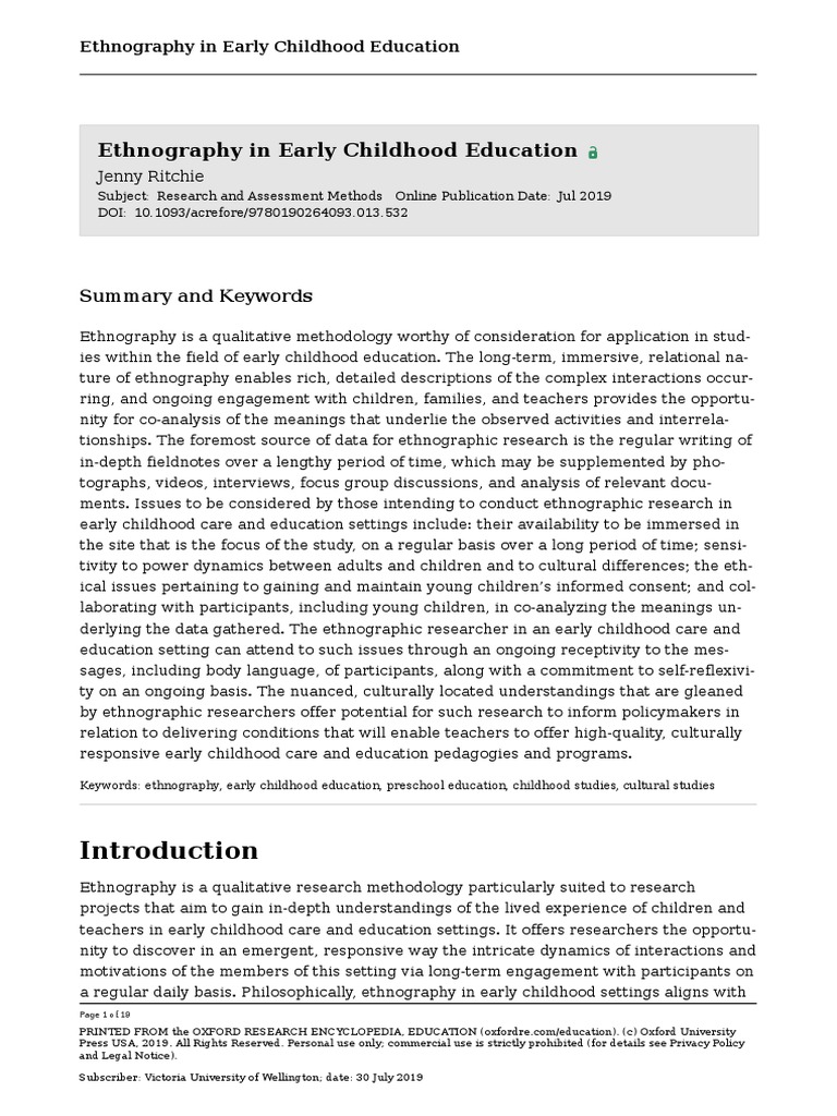 Ethnography in Early Childhood Education 2019 | PDF | Ethnography ...
