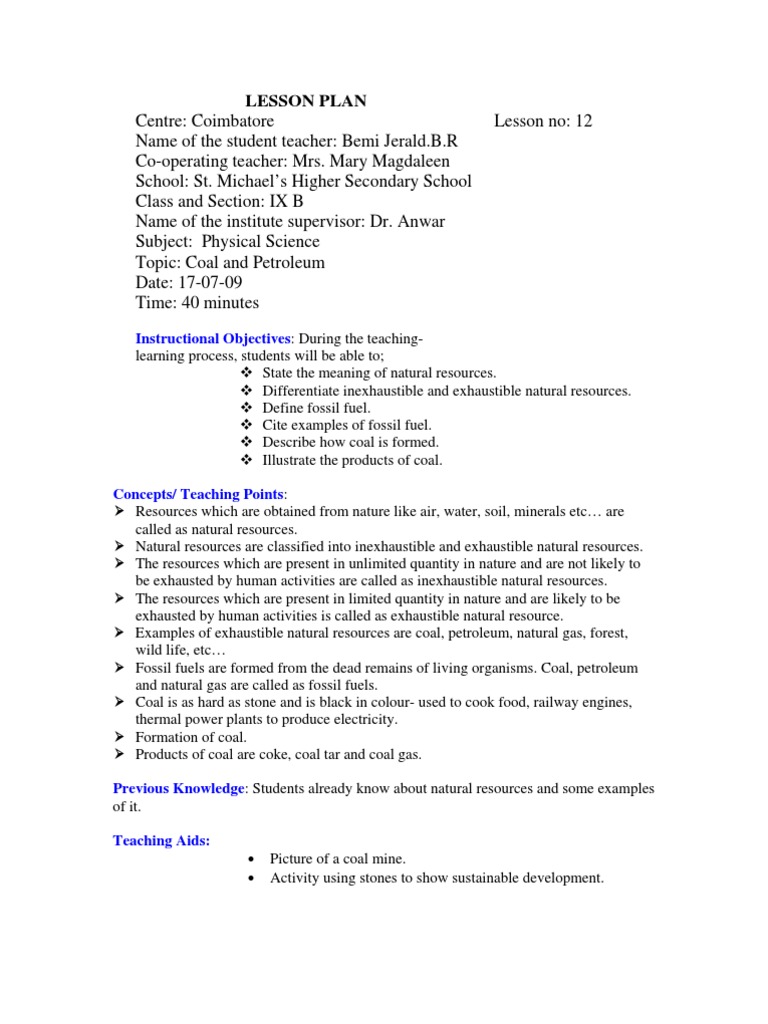 LESSON PLAN-Physical Science | PDF | Coal | Fossil Fuels