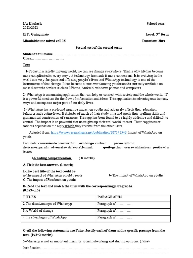 Third Form Second Term Test2 | PDF | Human Communication | Cognitive ...