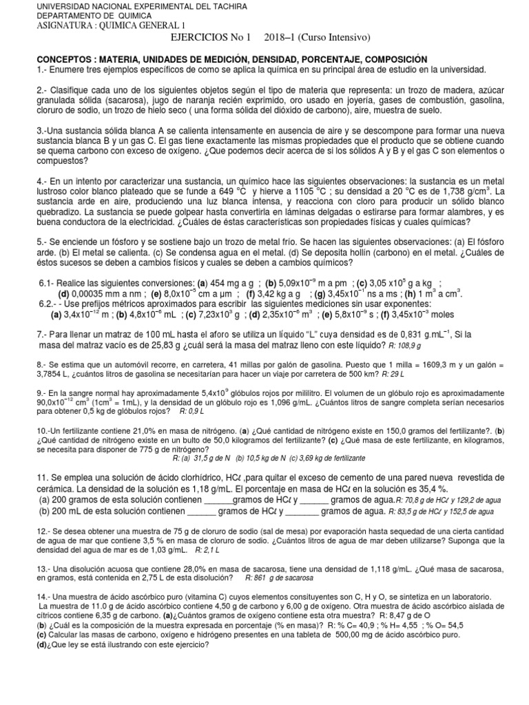 Quimica 1 Ejercicios1y2 1p 2018 1 | PDF
