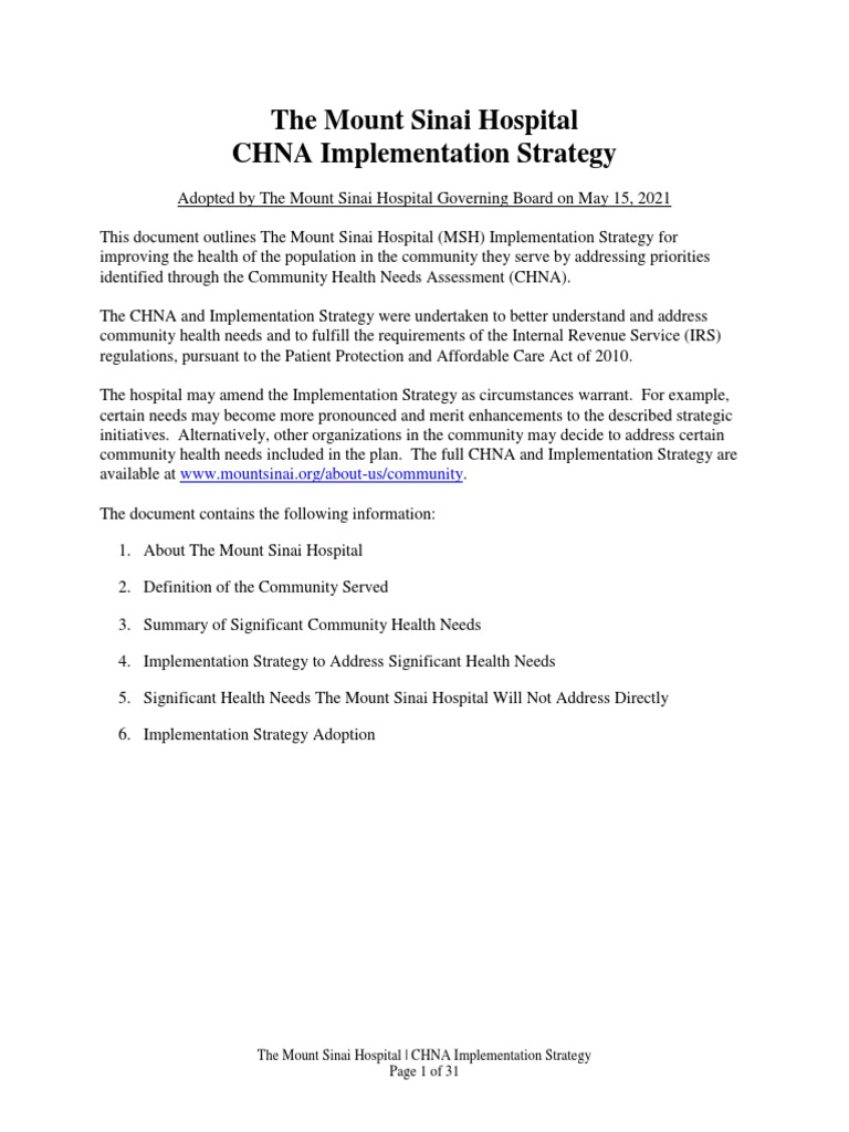 The Mount Sinai Hospital CHNA Implementation Strategy | PDF ...