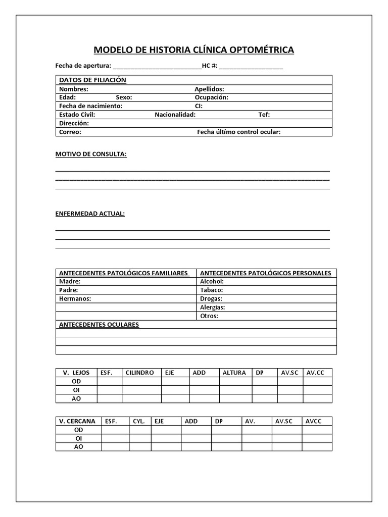 Modelo De Historia Clínica Optométrica Pdf