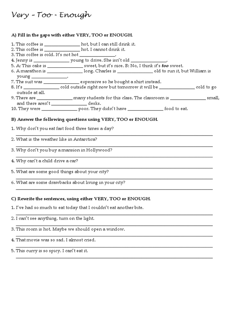 Too and Very - Worksheet 2 | PDF