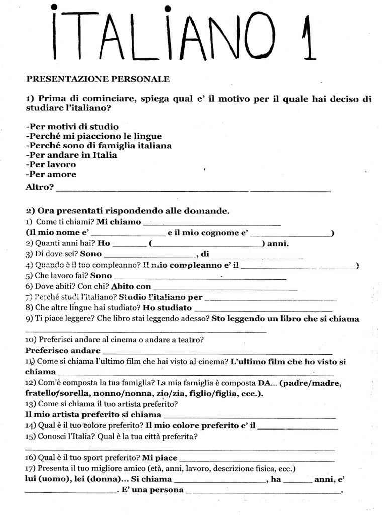 Italiano Ejercicios 1 | PDF