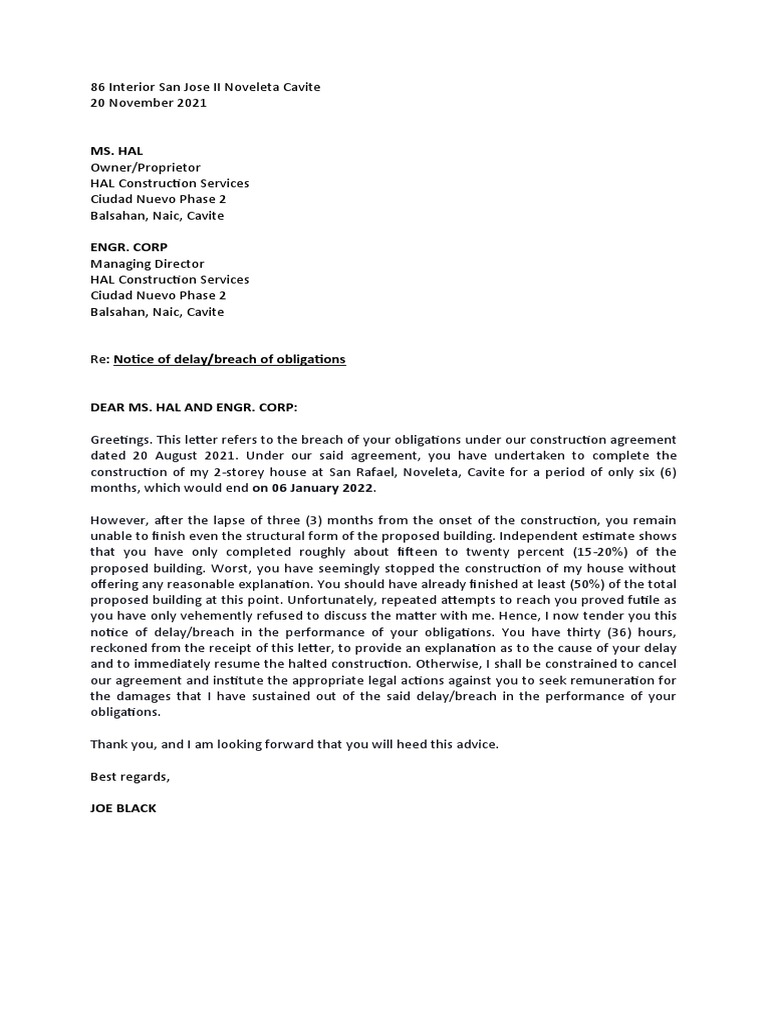 Notice of Delay in Construction | PDF | Law