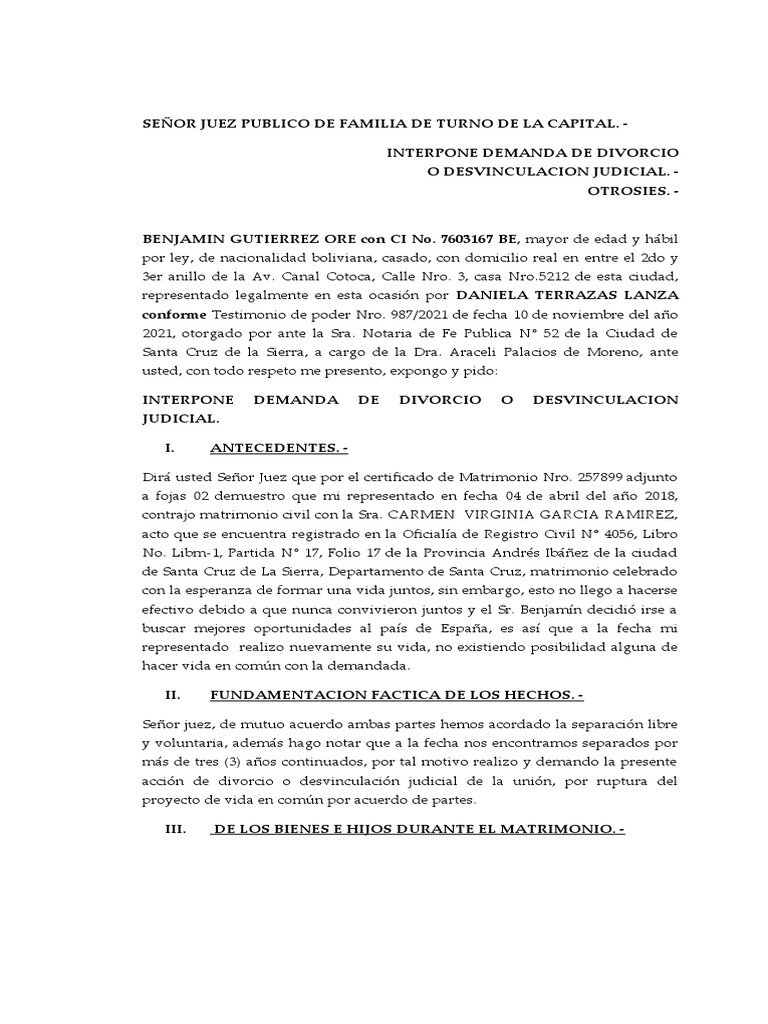 Modelo Demanda Divorcio Mutuo Acuerdo | PDF | Divorcio | Justicia