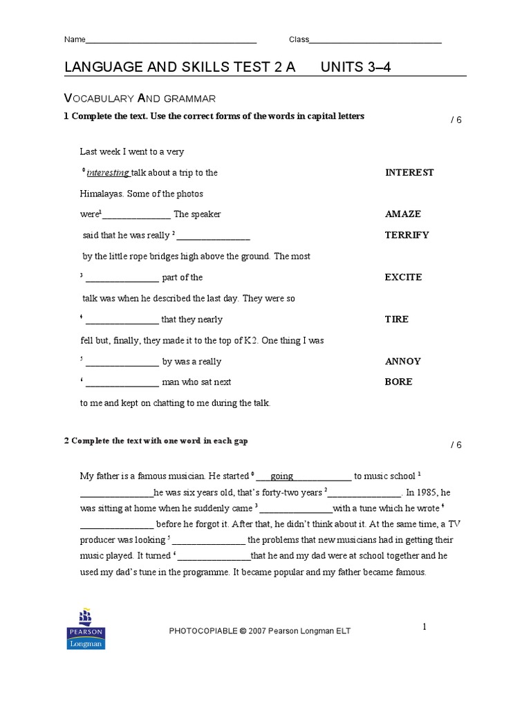 Language and Skills Test 2 A UNITS 3-4: 1 Complete The Text. Use The ...