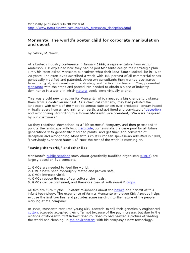 Monsanto-Poster Child of Corporate Deceit | PDF | Monsanto ...