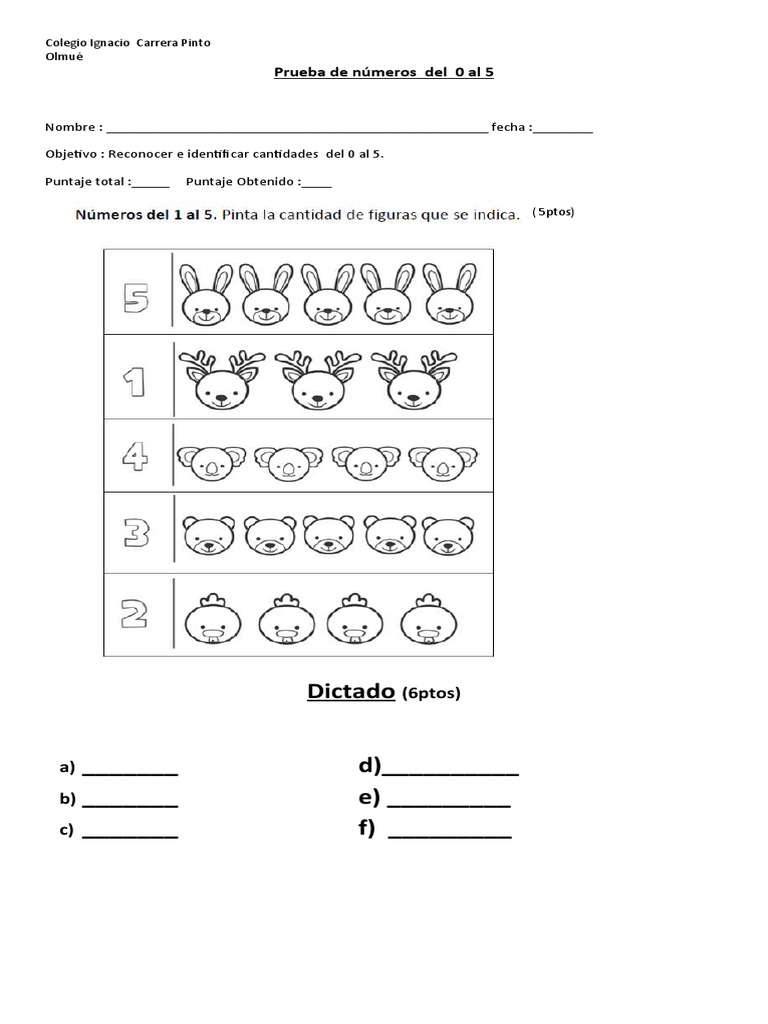 Prueba de Números del 0 al 5 | PDF