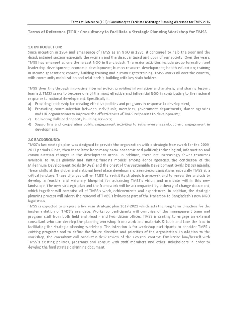 Terms of Reference (TOR) : Consultancy To Facilitate A Strategic ...