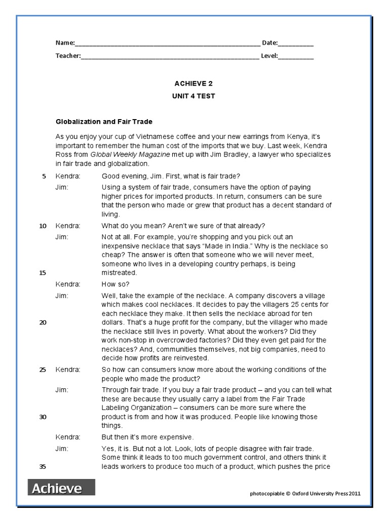 Achieve 2 Unit 4 Test Globalization and Fair Trade: Photocopiable ...