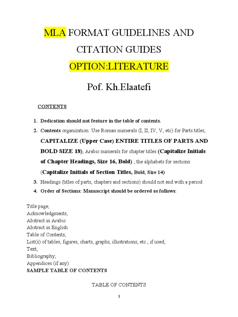 Mla Format Guidelines and Citation Guides Option:Literature Pof. KH ...