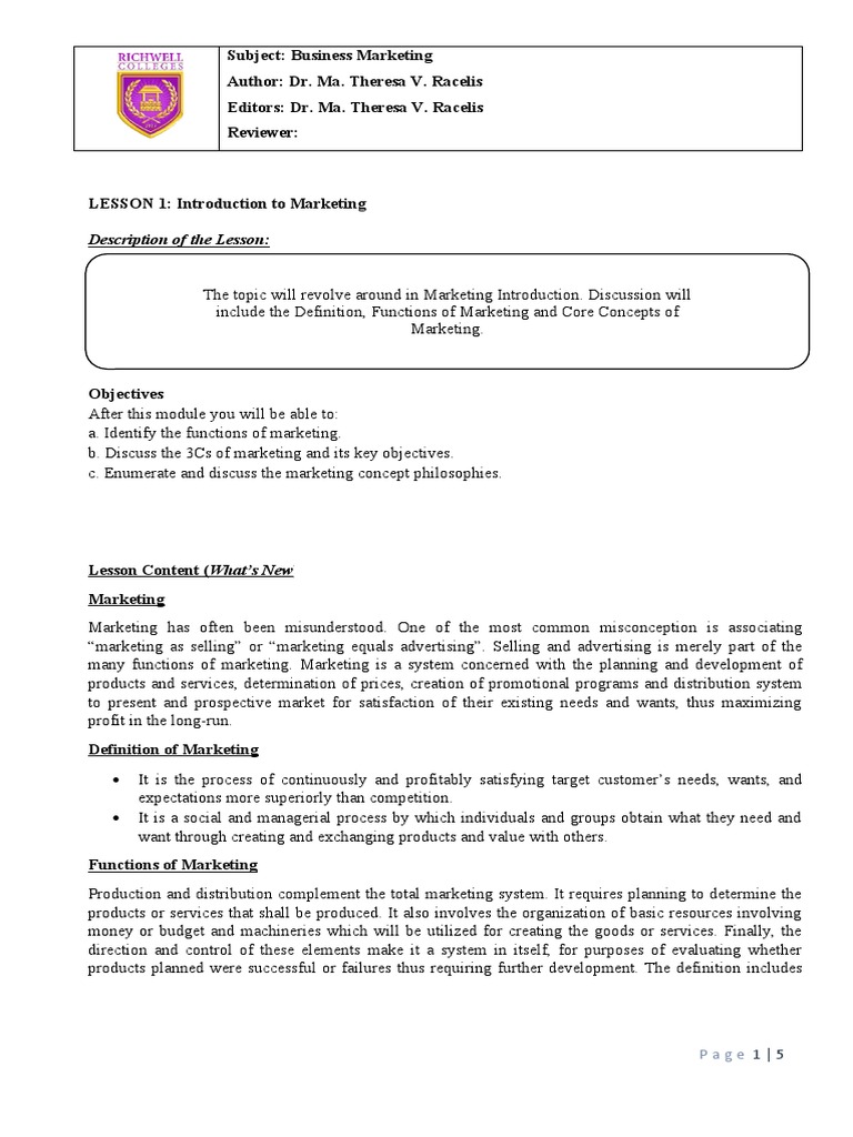 Principles of Marketing Lesson 1 | PDF | Marketing | Market (Economics)