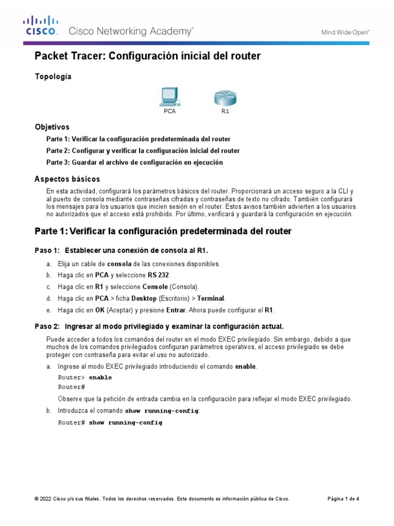 6.4.1.3 Packet Tracer - Configure Initial Router Settings | PDF | Contraseña | Interfaz de línea ...