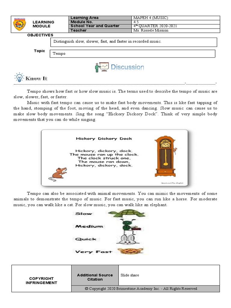 Distinguish Slow, Slower, Fast, and Faster in Recorded Music. Tempo | PDF