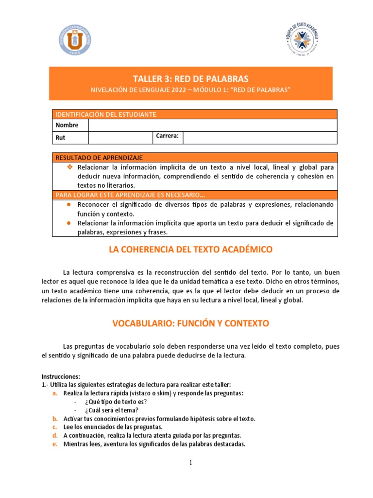 Taller 3 "RED DE PALABRAS" - Guía de Ejercitación. | PDF | Comprensión ...