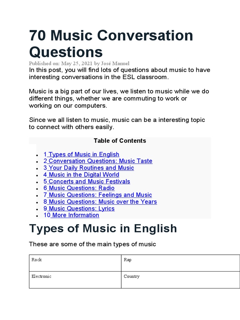 70 Music Conversation Questions for ESL Students | PDF | Performing ...