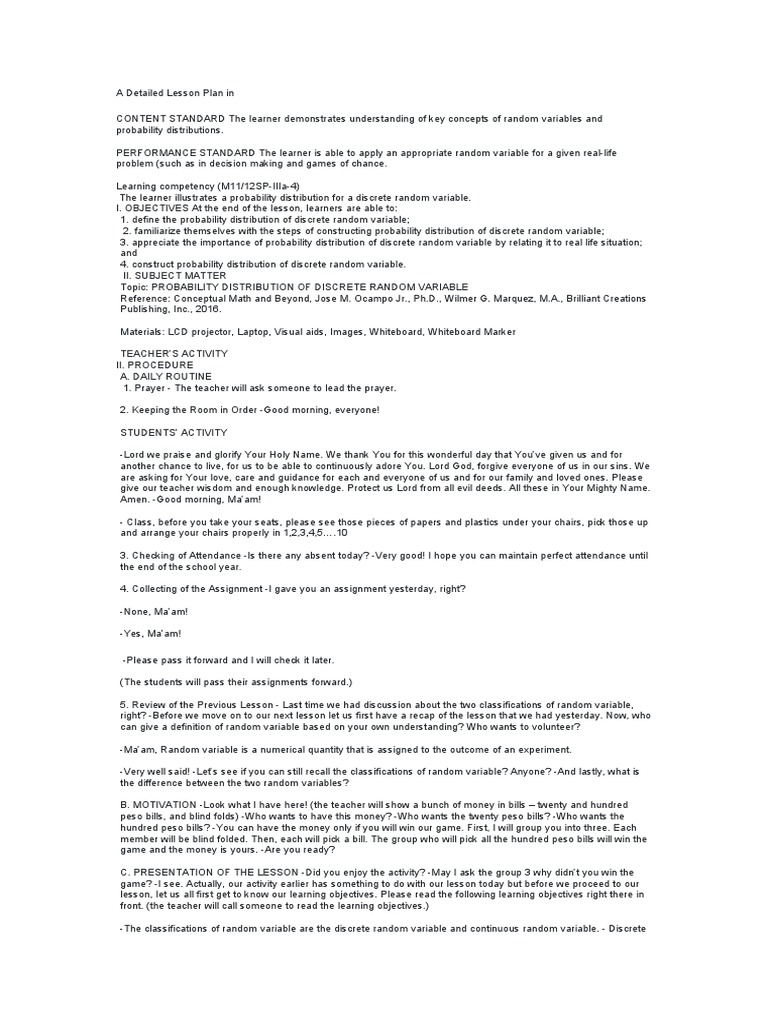 A Detailed Lesson Plan In Statistics Probability Distribution Of A