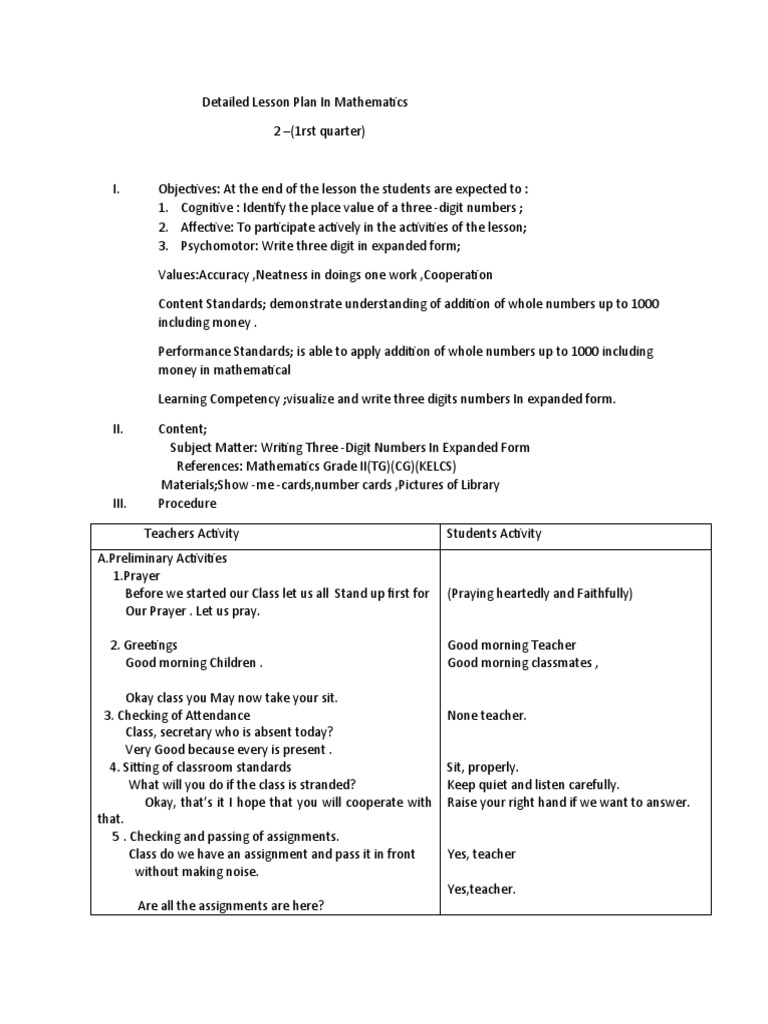 Detailed Lesson Plan in Mathematics 2 - Q1 | PDF | Lesson Plan | Teachers
