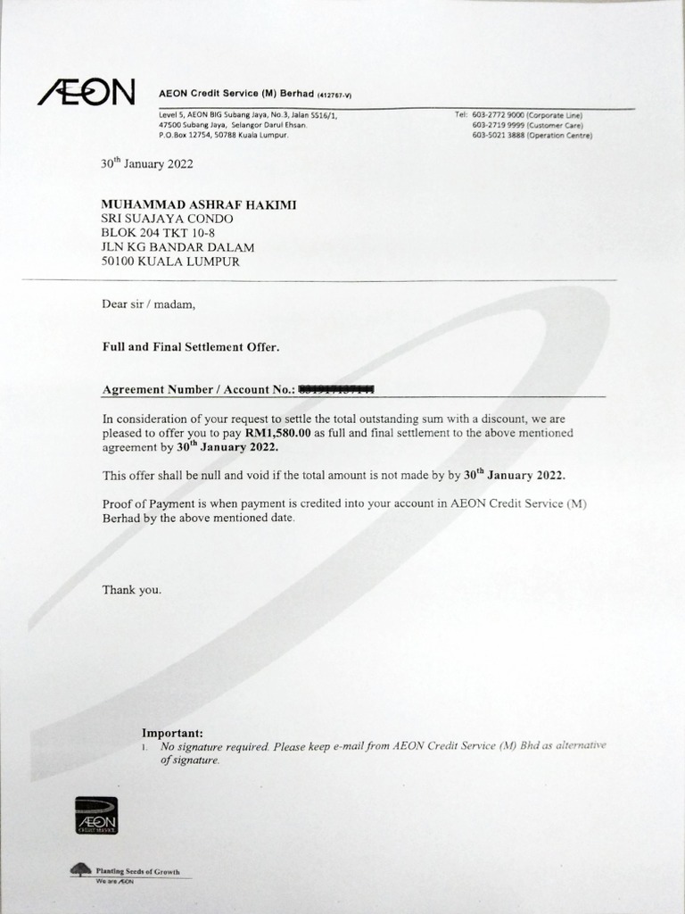 AEON Credit Full & Final Settlement Offer Letter | PDF