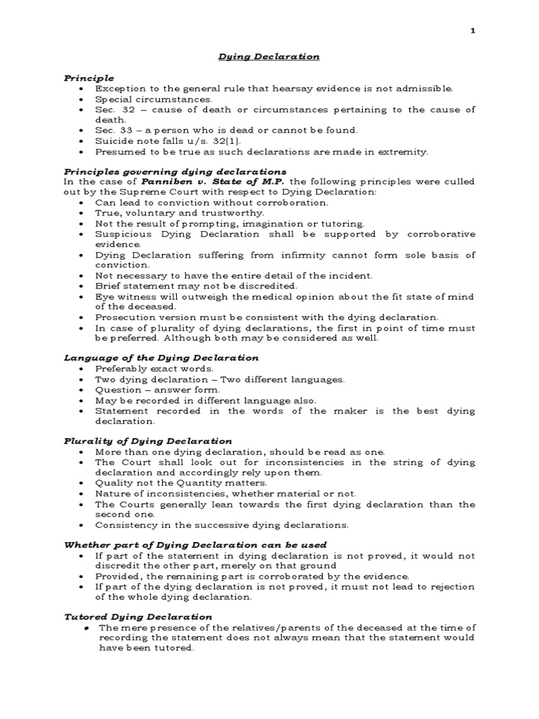 Dying Declaration Principle | PDF | Evidence (Law) | Criminal Law