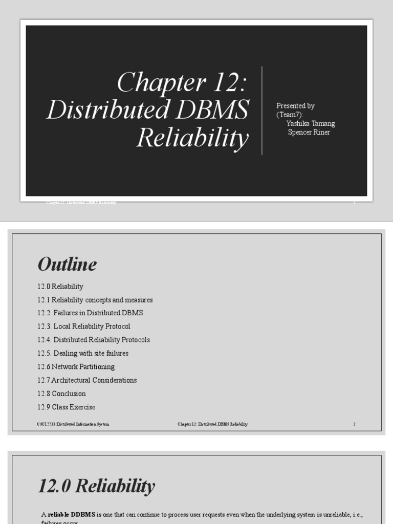 Distributed DBMS Reliability: Presented by (Team7) : Yashika Tamang ...