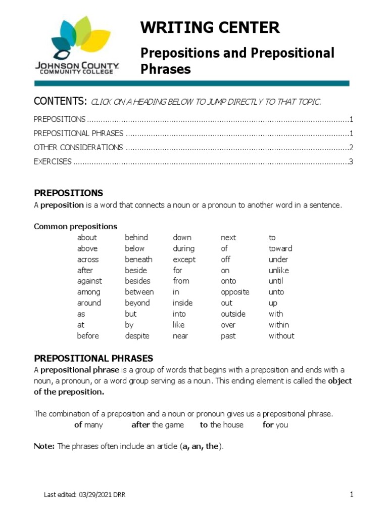 Writing Center: Prepositions and Prepositional Phrases | PDF ...