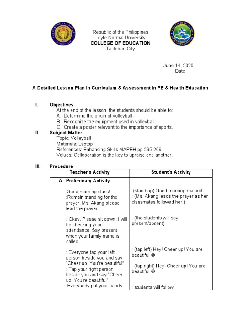 Detailed Lesson Plan Sample | PDF | Lesson Plan | Volleyball