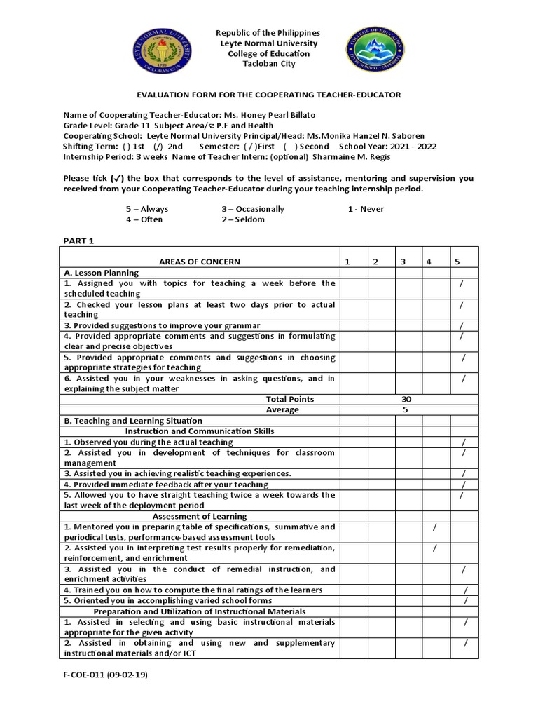 Evaluation For Cooperating Teacher Educator | PDF | Teachers | Learning