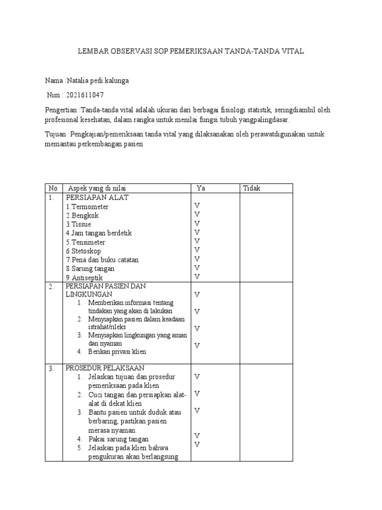 LEMBAR OBSERVASI SOP PEMERIKSAAN TTV Natalia | PDF