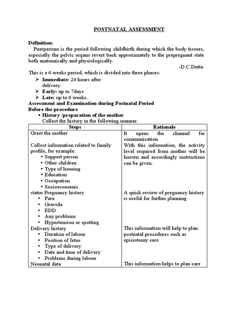 Postnatal Assessment Procedure | PDF | Postpartum Period | Childbirth