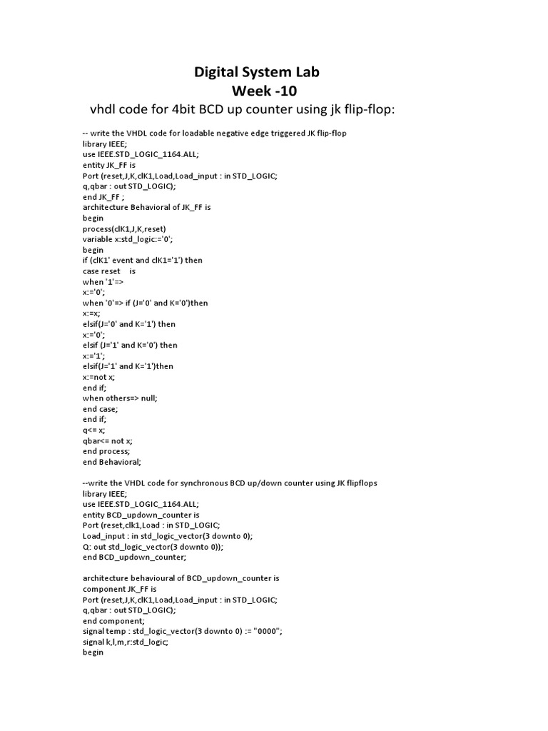 Digital System Lab Week 10: VHDL Code For 4bit BCD Up Counter Using JK Flip Flop | PDF | Vhdl ...