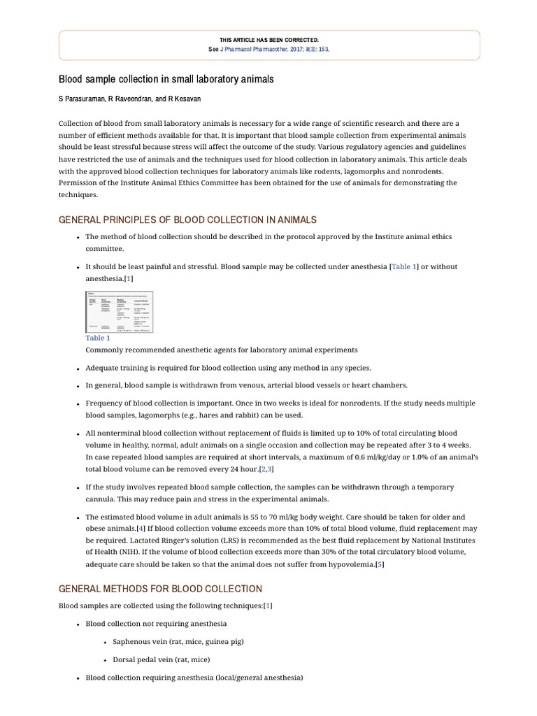 Blood Sample Collection in Small Laboratory Animals | PDF | Vein ...