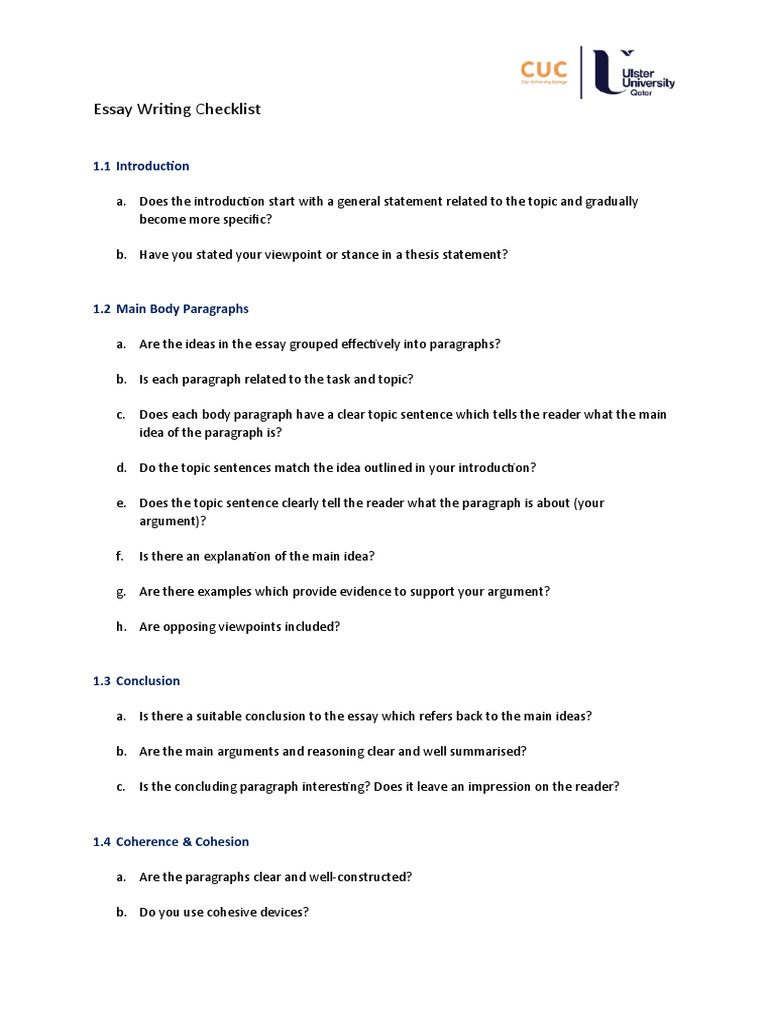 Essay Writing Checklist Guide | PDF