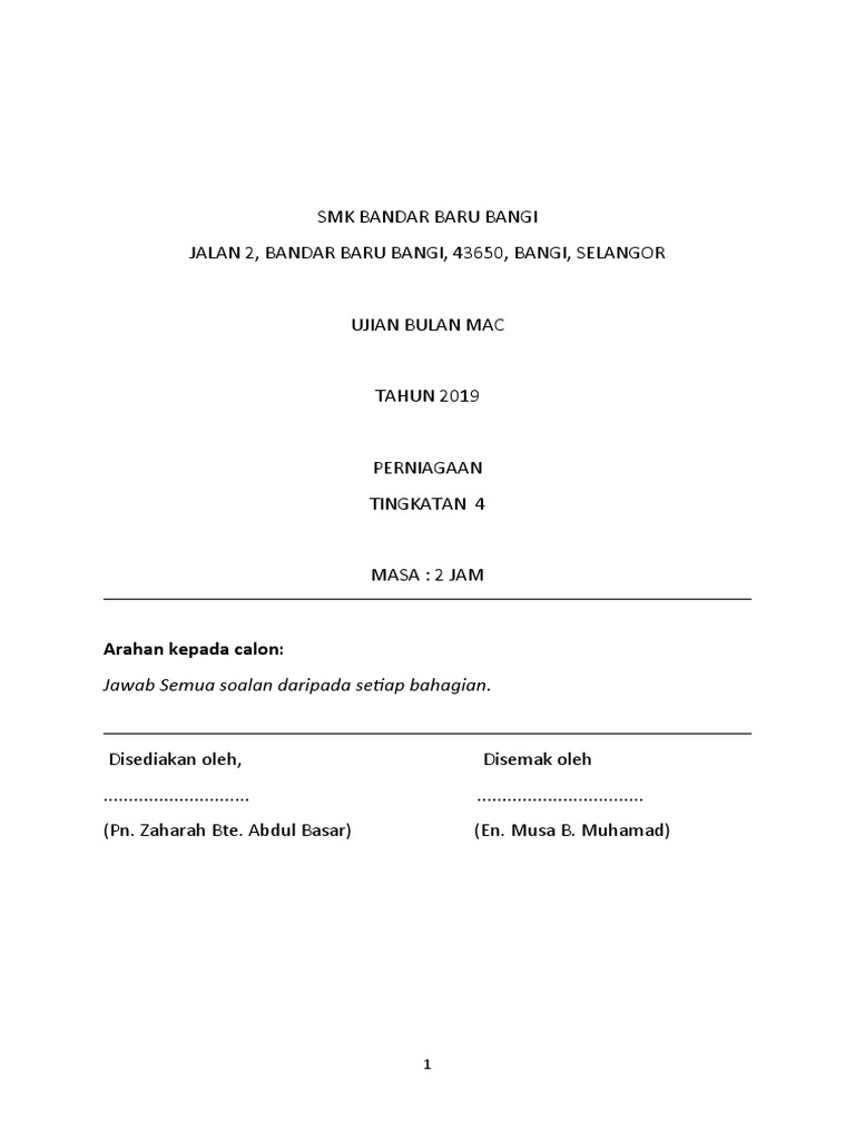 Contoh Soalan Ujian Mac 2019 Perniagaan TG 5 | PDF