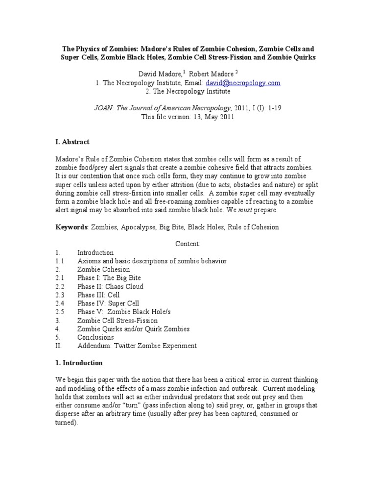 The Physics of Zombies: Madore's Rules of Zombie Cohesion, Zombie Cells ...