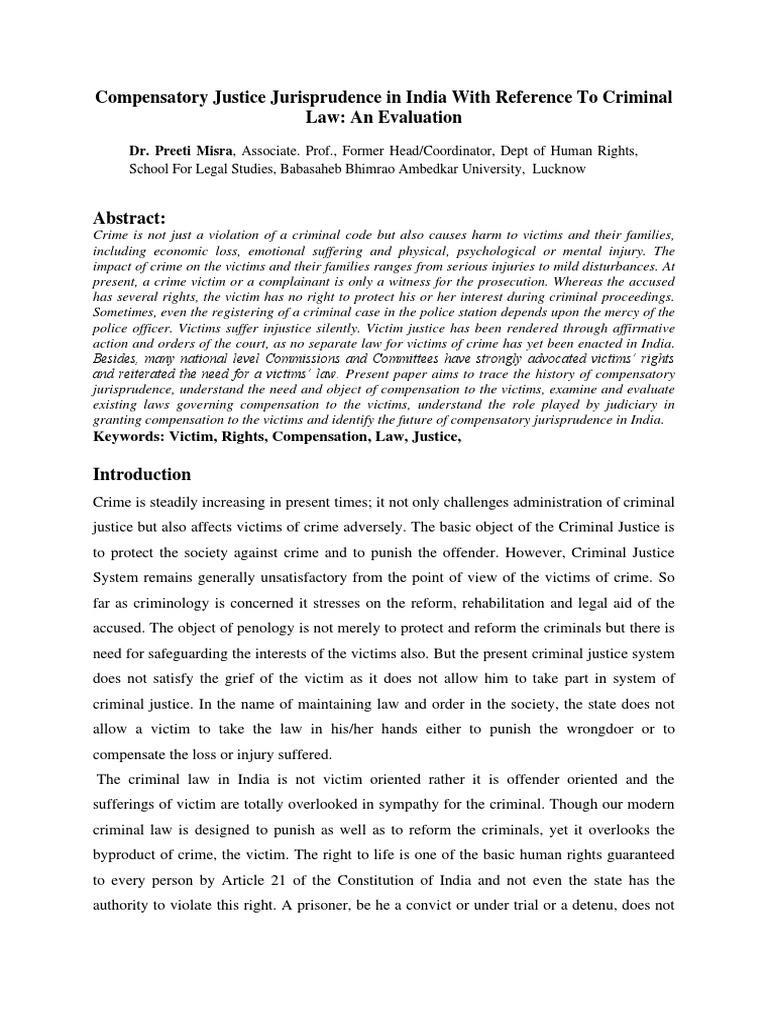 Compensatory Justice Juris - Preeti Misra | PDF | Crimes | Crime & Violence