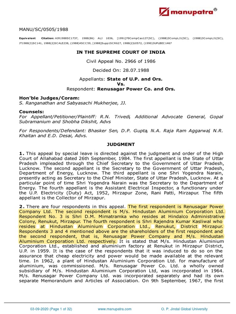 State of UP V Renusagar Power Co (1988) | PDF | Taxes | Power Station