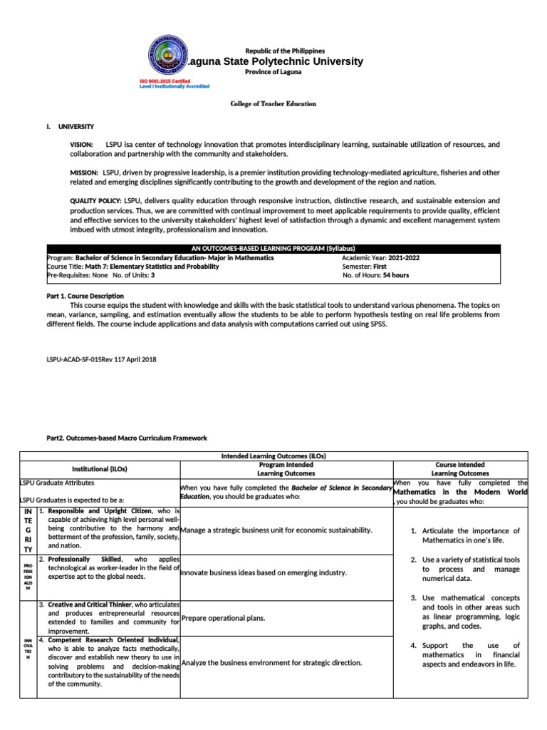 Elementary Stat & Prob-SYLLABUS | PDF | Statistics | Mathematics