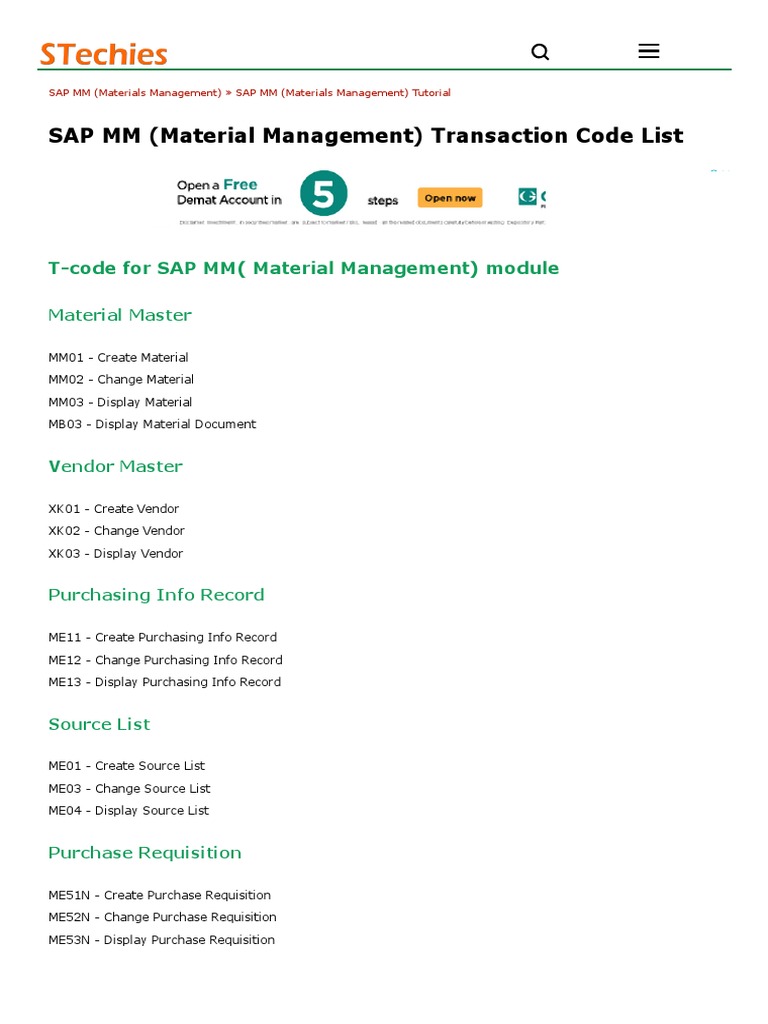 SAP MM Transaction Code List | PDF | Economies | Service Industries
