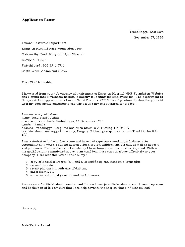 Nala Tazkia A (29) - Application Letter | PDF | Patient | Hospital