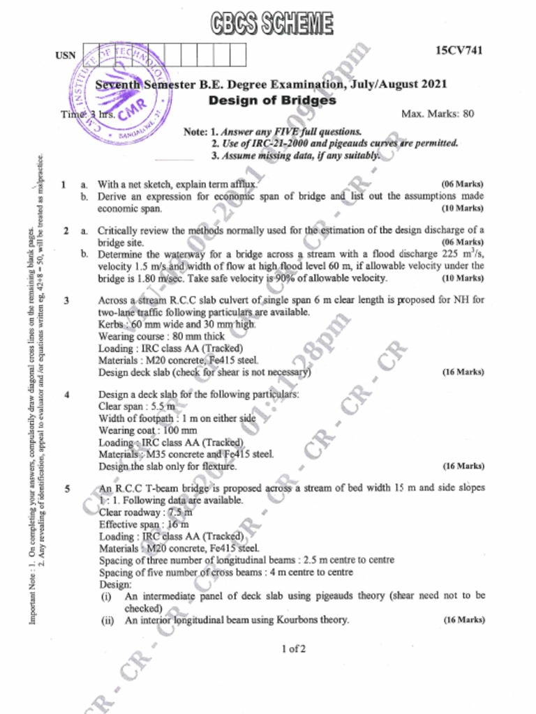 VTU Question Paper of 15CV741 Design of Bridges Jun-2021 | PDF