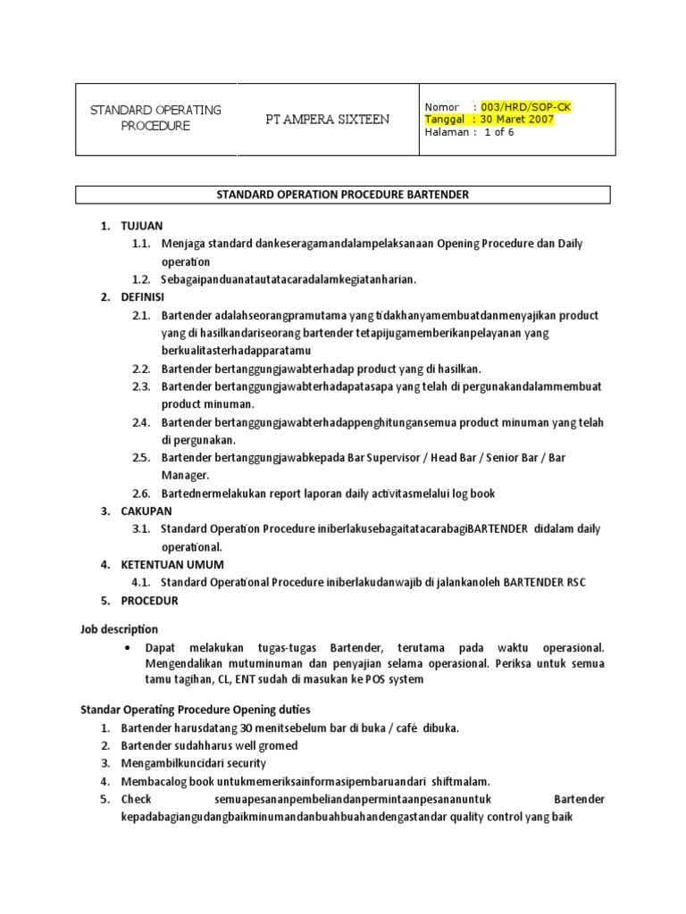 SOP Bartender PT Ampera Sixteen | PDF | Memasak, Makanan, & Anggur