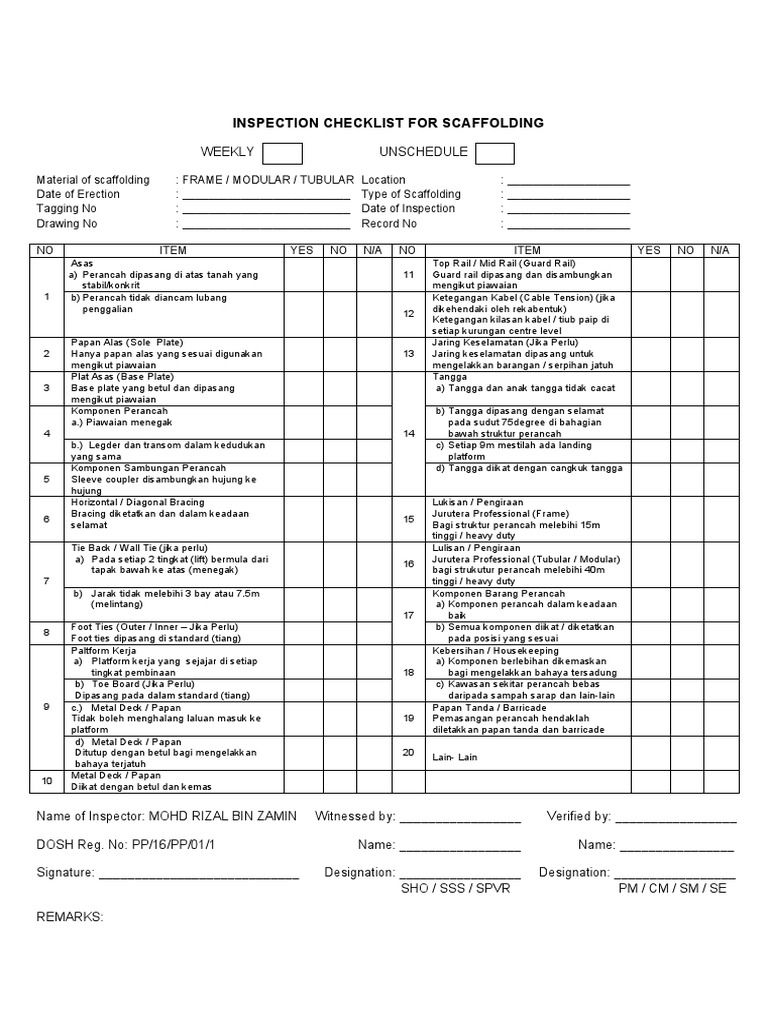 Checklist Inspeksi Perancah Mingguan | PDF | Teknologi & Rekayasa