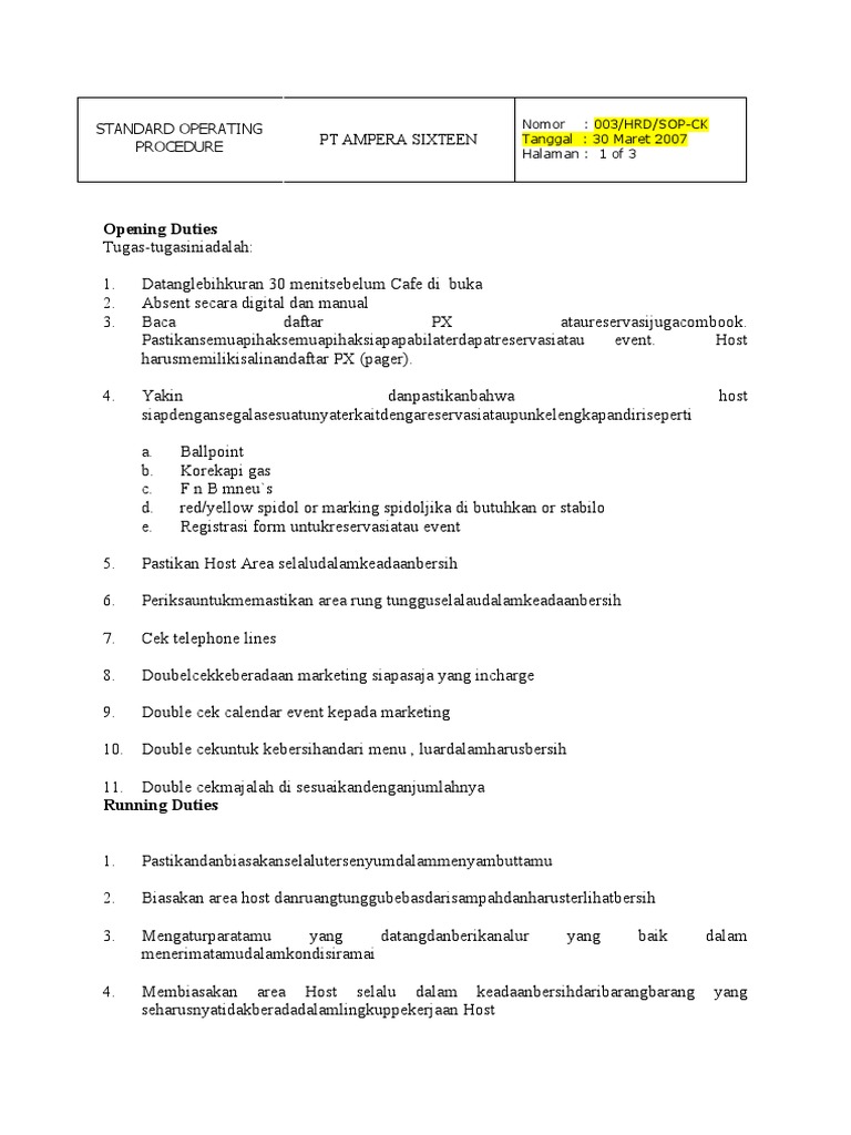 Opening Duties, Running Duties, Closing Duties | PDF