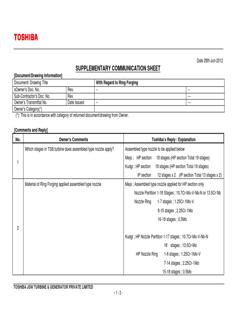 Supplementary Communication Sheet: (Document/Drawing Information) With ...