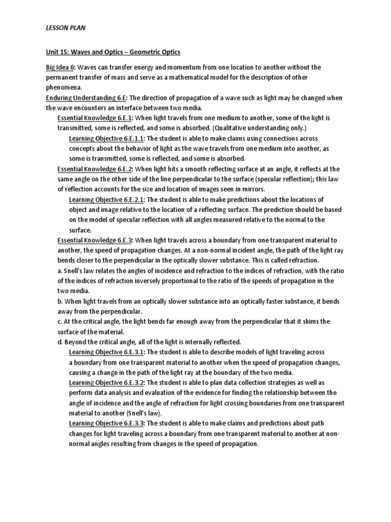 Geometric Optics Lesson Plan Overview | PDF | Optics | Reflection (Physics)