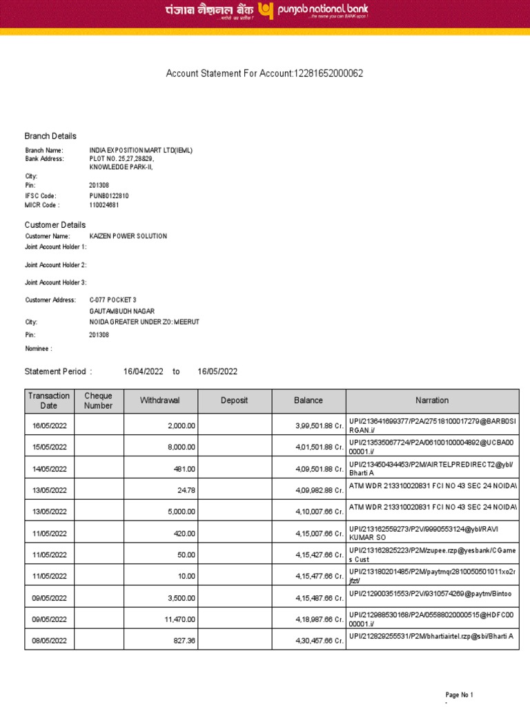 Account Statement For Account:12281652000062: Branch Details | PDF | Banks | Cheque